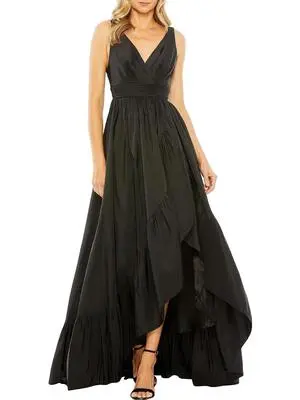 Mac Duggal Satin Flounce V-neck Gown - Black
