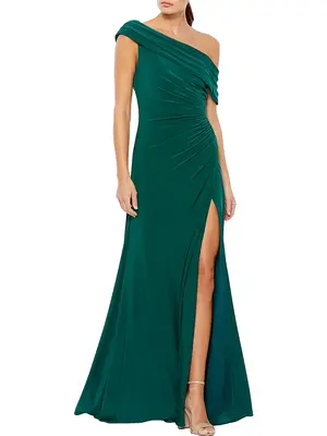 Mac Duggal Ieena Jersey Asymmetric Gown Emerald