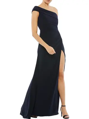 Mac Duggal Ieena Jersey Asymmetric Gown Navy