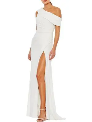 Mac Duggal Ieena Jersey Asymmetric Gown - White