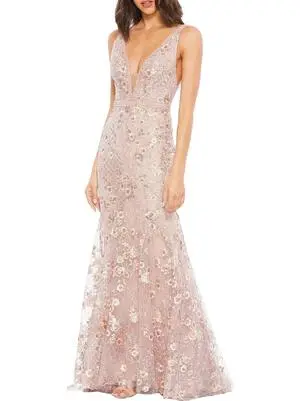 Mac Duggal Embroidered Floral Modified A-line Gown - Rose Pink