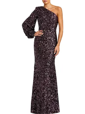 Mac Duggal Metallic One-shoulder Gown Aubergine