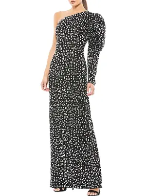 Mac Duggal Metallic One-shoulder Gown Black Silver
