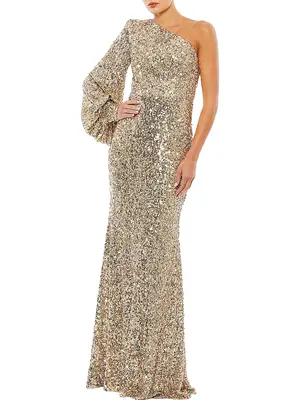 Mac Duggal Metallic One-shoulder Gown Gold