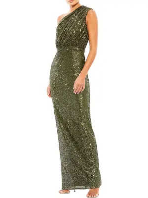 Mac Duggal Metallic One-shoulder Gown Olive