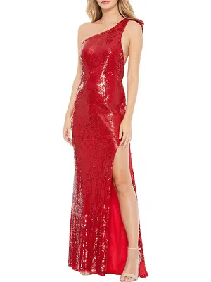 Mac Duggal Metallic One-shoulder Gown Red