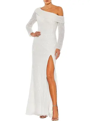 Mac Duggal Metallic One-shoulder Gown White