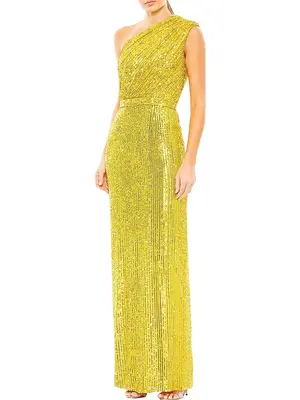 Mac Duggal Metallic One-shoulder Gown Yellow