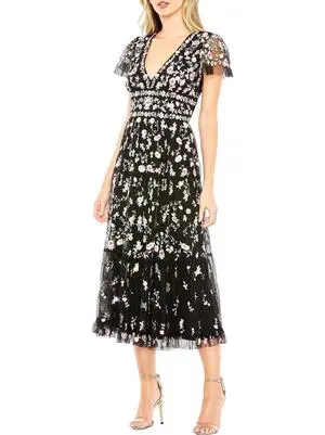 Mac Duggal Floral Midi Dress - Black Multi
