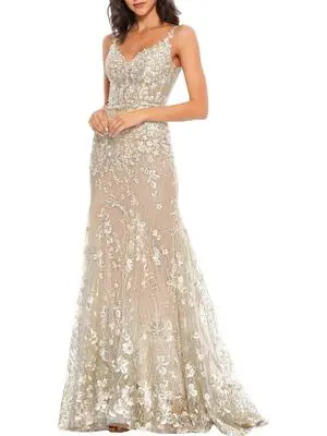 Mac Duggal Floral Embellished Sheath Gown - Beige Multi