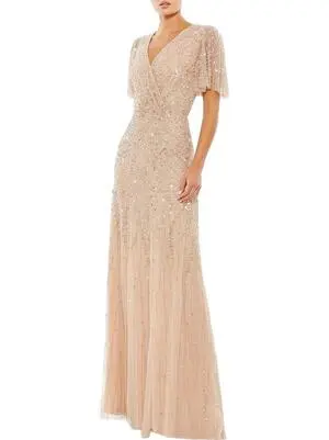 Mac Duggal Sequined Beaded Tulle Gown Beige