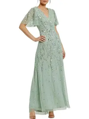 Mac Duggal Sequined Beaded Tulle Gown - Sage