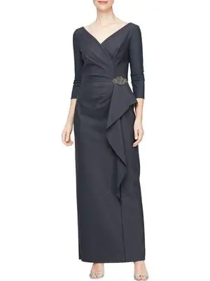 Alex Evenings Alex Evenings Ruched Column Gown Charcoal