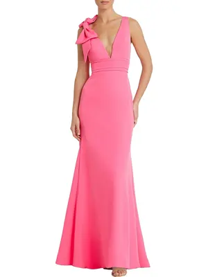 Mac Duggal Bow V-neck A-line Gown Candy Pink