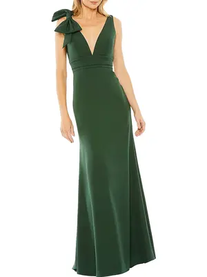 Mac Duggal Bow V-neck A-line Gown Emerald