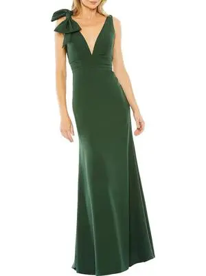 Mac Duggal Bow V-neck A-line Gown - Emerald