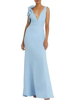 Mac Duggal Bow V-neck A-line Gown - Powder Blue