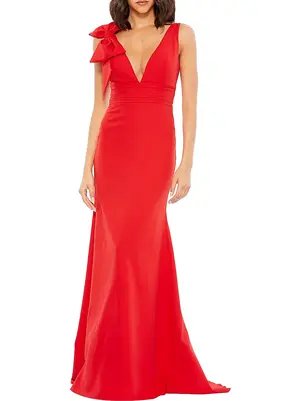 Mac Duggal Bow V-neck A-line Gown Red