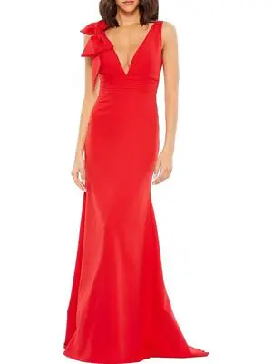 Mac Duggal Bow V-neck A-line Gown Red