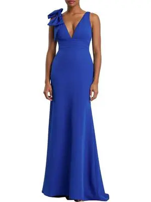 Mac Duggal Bow V-neck A-line Gown Royal Blue