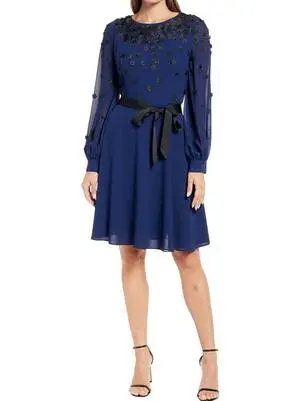 Shani Floral Embellished Long Sleeve Fit-and-flare Dress - Blue