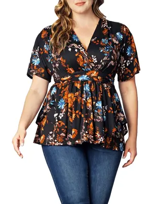 KIYONNA Kiyonna Encore Print Faux Wrap Top Midnight Asters