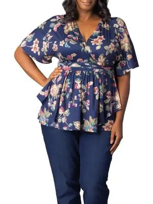 KIYONNA Encore Print Faux Wrap Top - Navy Floral Motif