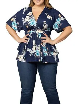 KIYONNA Encore Print Faux Wrap Top - Navy Floral Print
