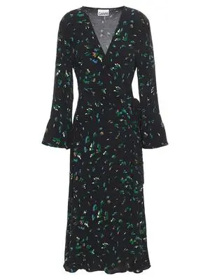 GANNI Printed Crepe Midi Wrap Dress - Green