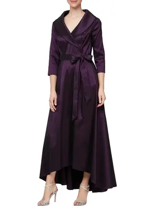 Alex Evenings Alex Evenings Portrait Collar Faux Wrap Gown Plum