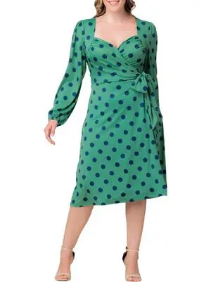 KIYONNA Sweetheart Neck Wrap Dress - Green Polka Dot