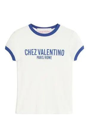 Valentino Garavani Cotton Jersey T-shirt With Chez Print - Ivory/electric Blue