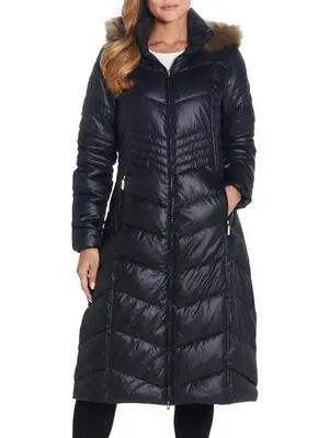 Gallery Long Quilted Parka With Faux Fur Trim - Black