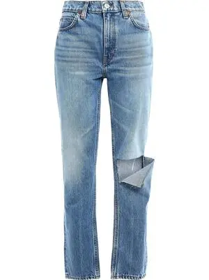 RE/DONE 70s Distressed High Rise Straight Leg Jeans - Mid Denim