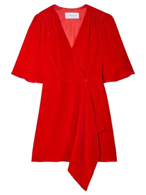 Les Reveries Draped Velvet Mini Wrap Dress - Red