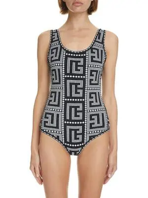 Balmain Mosaic Monogram Jacquard Knit Bodysuit - Eab Noir/blanc
