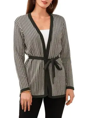 Chaus Houndstooth Belted Cotton Cardigan - Moss