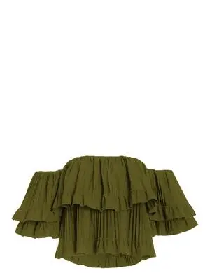 Brandon Maxwell Pleated Poplin Cropped Top - Olive