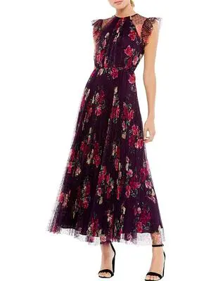 Mac Duggal Floral Flutter Sleeve Midi Dress - Plum Multi