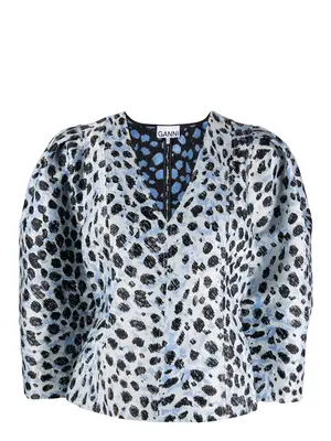 GANNI Leopard-print Puff-sleeve Top - Blue