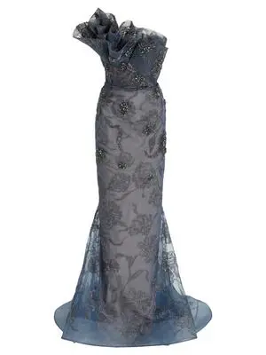 Marchesa Metallic Embroidered Tulle Gown - Purple