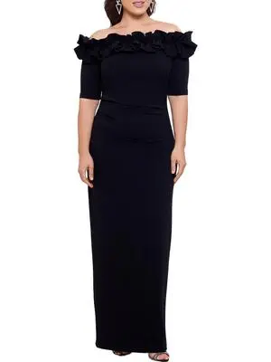 XSCAPE EVENINGS Xscape Evenings Ruffle Off-The-Shoulder Sheath Dress Black