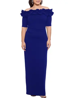 XSCAPE EVENINGS Xscape Evenings Ruffle Off-The-Shoulder Sheath Dress Marine