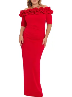 XSCAPE EVENINGS Xscape Evenings Ruffle Off-The-Shoulder Sheath Dress Red