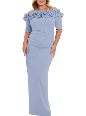 XSCAPE EVENINGS Xscape Evenings Ruffle Off-The-Shoulder Sheath Dress Sky Blue