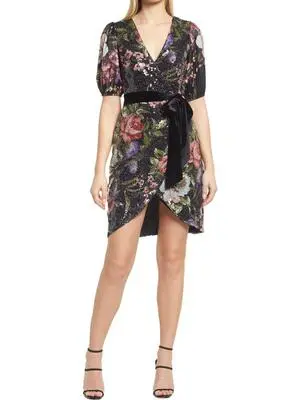 BTFL-LIFE Floral Print Sequin Dress - Black Multi
