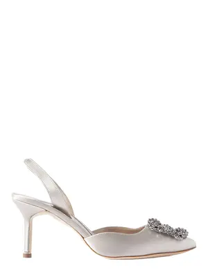 Manolo Blahnik Manolo Blahnik Hangisli 70 Embellished Satin Slingback Pumps Light Gray