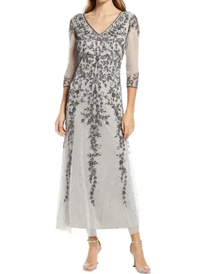Pisarro Nights Pisarro Nights Beaded V-Neck A-Line Gown Silver