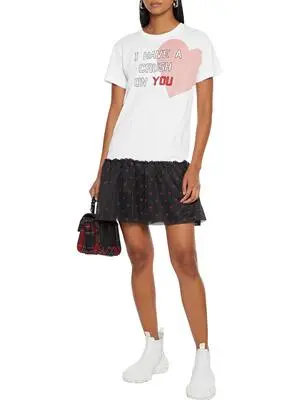 Red Valentino Printed Cotton-jersey Mini Dress With Ruffled Mesh Panels - White