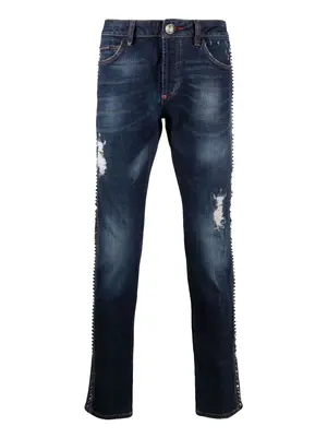 Philipp Plein Distressed Straight-leg Jeans - Blue